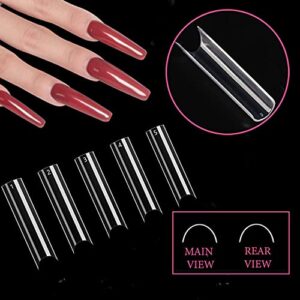 500 Pcs Clear Extra Long C Curve False Nail Tips,XXL Deep C Curve Acrylic Fake Nail Tips with Bag for Nail Salon and DIY, Extra Long French Nail Tips Half Cover Straight Square Nail Tips 10 Sizes