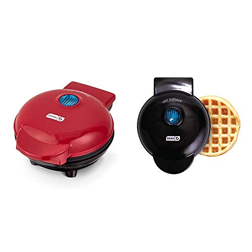 Dash DMS001RD Mini Maker Electric Round Griddle + Included Recipe Book, Red & DMW001BK Machine for Individual, Paninis, Hash Browns, & other Mini waffle maker, 4 inch, Black