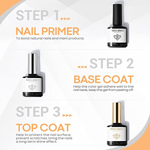 modelones Gel Top Coat and Base Coat With Nail Primer, 3Pcs No Wipe Base and top coat Gel Nail Polish Nail Bond Primer, 10ml New Upgraded Formula Long-Lasting Gel Nail kit