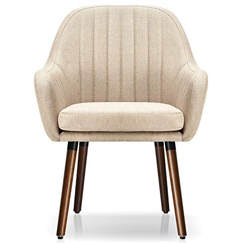 Giantex Set of 2 Fabric Dining Chairs, Accent Upholstered Arm Chair w/Wood Legs, Thick Sponge Seat, Non-Slipping Pad, Modern Leisure Chair for Dining Room, Living Room, Bedroom (2, Beige)