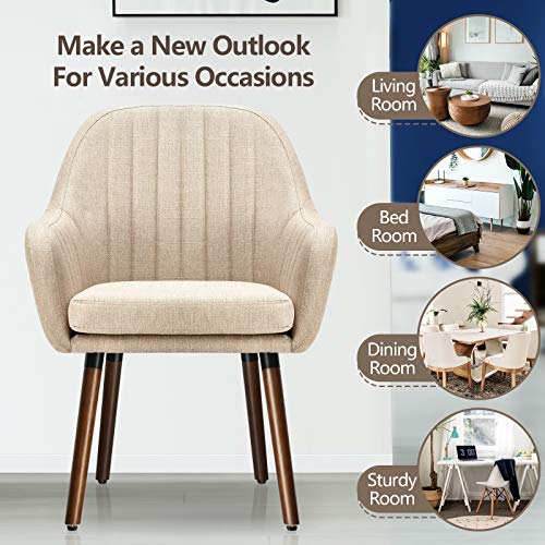 Giantex Set of 2 Fabric Dining Chairs, Accent Upholstered Arm Chair w/Wood Legs, Thick Sponge Seat, Non-Slipping Pad, Modern Leisure Chair for Dining Room, Living Room, Bedroom (2, Beige)