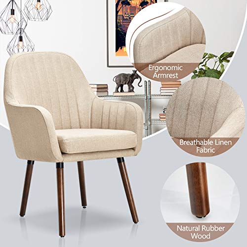 Giantex Set of 2 Fabric Dining Chairs, Accent Upholstered Arm Chair w/Wood Legs, Thick Sponge Seat, Non-Slipping Pad, Modern Leisure Chair for Dining Room, Living Room, Bedroom (2, Beige)