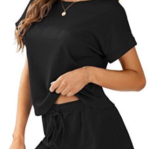 Aifer Sexy Pajama Sets for Women Waffle Knit Loungewear Set Short Sleeve Top and Shorts Two Piece Lounge Sets Spring Matching Sets with Pockets Black