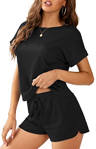 Aifer Sexy Pajama Sets for Women Waffle Knit Loungewear Set Short Sleeve Top and Shorts Two Piece Lounge Sets Spring Matching Sets with Pockets Black