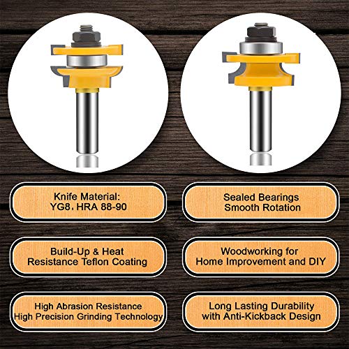 OLETBE Router Bit Set 1/2 Inch Shank 3 PCS Round Over Raised Panel Cabinet Door Ogee Rail and Stile Router Bits, Woodworking Wood Cutter, Wood Carbide Milling Tool(Gold)