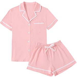 LYANER Women's Cotton Pajamas Set Button Short Sleeve Shirt with Shorts Set PJs Loungewear Pink Medium