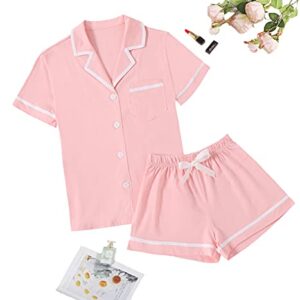 LYANER Women's Cotton Pajamas Set Button Short Sleeve Shirt with Shorts Set PJs Loungewear Pink Medium