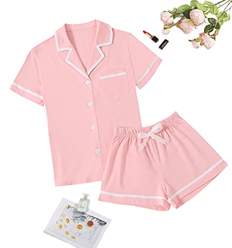 LYANER Women's Cotton Pajamas Set Button Short Sleeve Shirt with Shorts Set PJs Loungewear Pink Medium