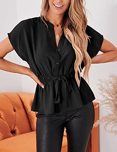 Womens Button Down Blouses Casual Peplum Summer Tops Dressy Chiffon Work Blouse Black