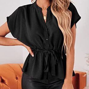 Womens Button Down Blouses Casual Peplum Summer Tops Dressy Chiffon Work Blouse Black