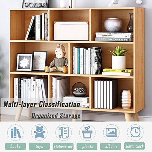 IOTXY Wooden Open Shelf Bookcase - 3-Tier Floor Standing Display Cabinet Rack with Legs, 8 Cubes Bookshelf, Pear Yellow