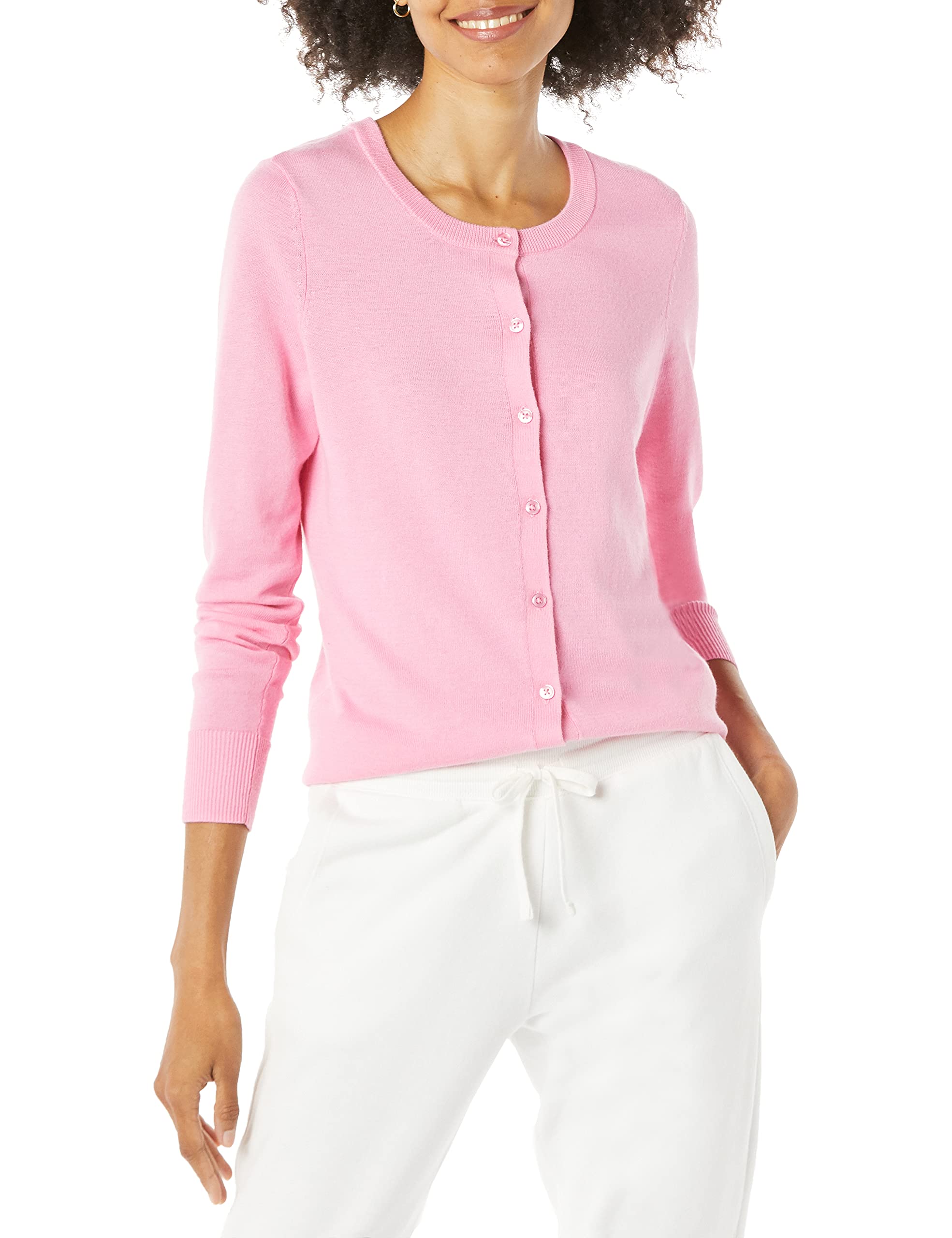 Amazon Essentials Women's Lightweight Crewneck Cardigan Sweater (Available in Plus Size), Pink, Medium