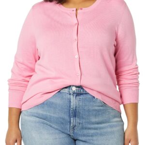 Amazon Essentials Women's Lightweight Crewneck Cardigan Sweater (Available in Plus Size), Pink, Medium