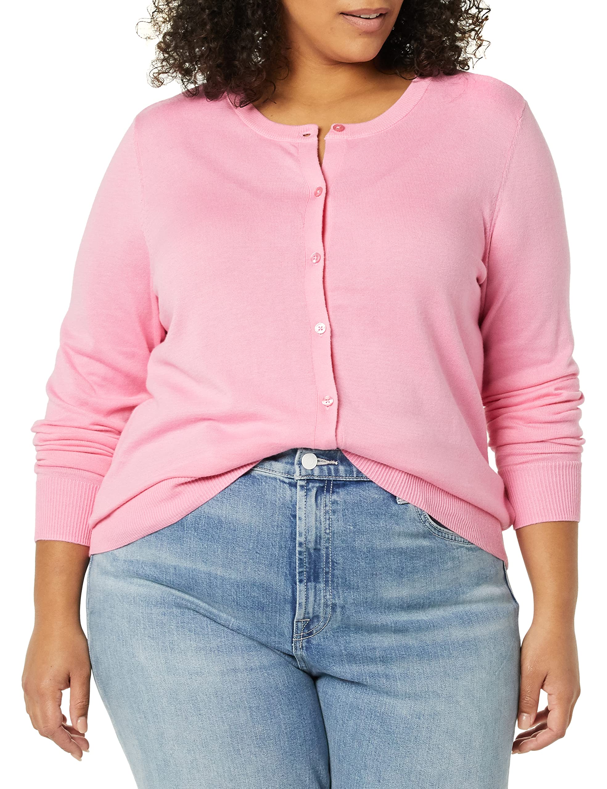 Amazon Essentials Women's Lightweight Crewneck Cardigan Sweater (Available in Plus Size), Pink, Medium