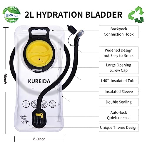 KUREIDA Hydration Bladder 2 Liter,Water Bladder with Insulated Tube,BPA Free,Leak Proof,Hydration Reservoir for Hiking,White and Blue.