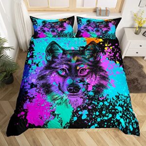 erosebridal wolf bedding set full size tie dye duvet cover safari animals print comforter cover for kids boys juvenile splash graffiti hip hop bedspreads cover with 2 pillow cases colorful teal black