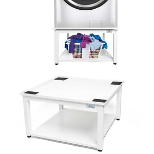 ez laundry | upgraded 28” universal pedestal – 700lbs capacity, raises 16” with built-in drain pan + hose, adjustable feet, anti-vibration & storage shelf fits 27" or 28" washer & dryer (white)