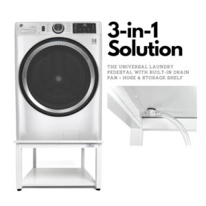 EZ Laundry | Upgraded 28” Universal Pedestal – 700lbs Capacity, Raises 16” with Built-in Drain Pan + Hose, Adjustable Feet, Anti-Vibration & Storage Shelf fits 27" or 28" Washer & Dryer (White)