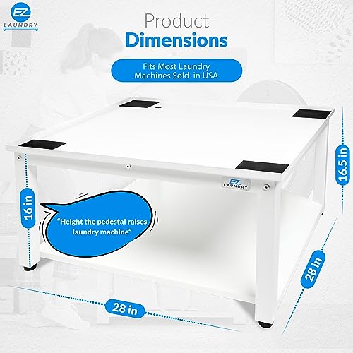 EZ Laundry | Upgraded 28” Universal Pedestal – 700lbs Capacity, Raises 16” with Built-in Drain Pan + Hose, Adjustable Feet, Anti-Vibration & Storage Shelf fits 27" or 28" Washer & Dryer (White)