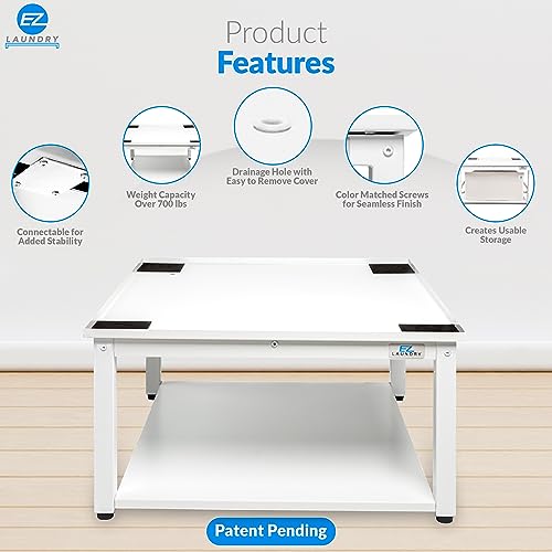 EZ Laundry | Upgraded 28” Universal Pedestal – 700lbs Capacity, Raises 16” with Built-in Drain Pan + Hose, Adjustable Feet, Anti-Vibration & Storage Shelf fits 27" or 28" Washer & Dryer (White)