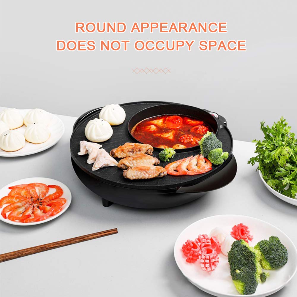 Soup N Grill Circular Edition Hotpot Grill Combo Indoor Korean BBQ, Shabu Shabu Electric Hot Pot with Divider, Portable with Free Strainer Scoops, Extra Long Chopsticks, Tongs, Cloths, Smokeless Grill