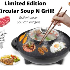 Soup N Grill Circular Edition Hotpot Grill Combo Indoor Korean BBQ, Shabu Shabu Electric Hot Pot with Divider, Portable with Free Strainer Scoops, Extra Long Chopsticks, Tongs, Cloths, Smokeless Grill