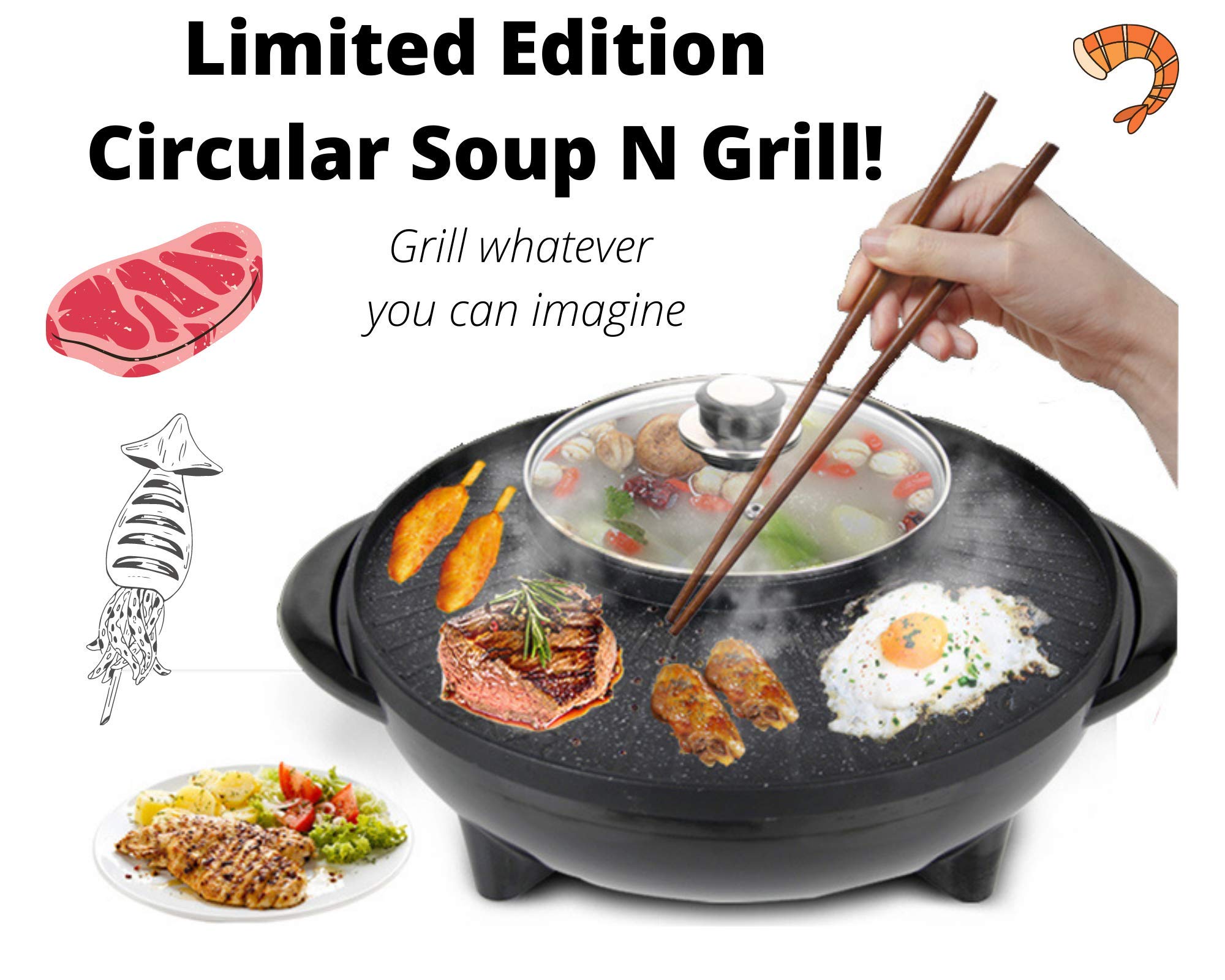 Soup N Grill Circular Edition Hotpot Grill Combo Indoor Korean BBQ, Shabu Shabu Electric Hot Pot with Divider, Portable with Free Strainer Scoops, Extra Long Chopsticks, Tongs, Cloths, Smokeless Grill