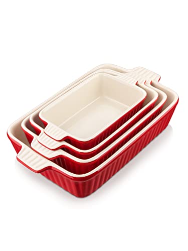 MALACASA Casserole Dishes for Oven, Porcelain Baking Dishes, Ceramic Bakeware Sets of 4, Rectangular Lasagna Pans Deep with Handles for Baking Cake Kitchen, Red (9.4"/11.1"/12.2"/14.7"), Series BAKE.BAKE