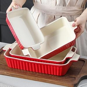 MALACASA Casserole Dishes for Oven, Porcelain Baking Dishes, Ceramic Bakeware Sets of 4, Rectangular Lasagna Pans Deep with Handles for Baking Cake Kitchen, Red (9.4"/11.1"/12.2"/14.7"), Series BAKE.BAKE