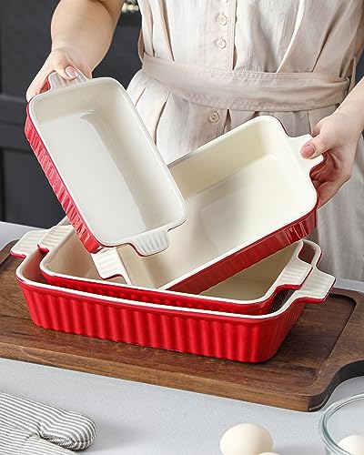 MALACASA Casserole Dishes for Oven, Porcelain Baking Dishes, Ceramic Bakeware Sets of 4, Rectangular Lasagna Pans Deep with Handles for Baking Cake Kitchen, Red (9.4"/11.1"/12.2"/14.7"), Series BAKE.BAKE