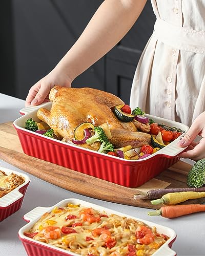 MALACASA Casserole Dishes for Oven, Porcelain Baking Dishes, Ceramic Bakeware Sets of 4, Rectangular Lasagna Pans Deep with Handles for Baking Cake Kitchen, Red (9.4"/11.1"/12.2"/14.7"), Series BAKE.BAKE