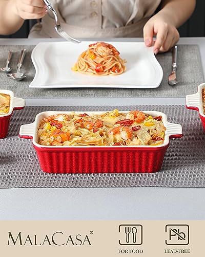 MALACASA Casserole Dishes for Oven, Porcelain Baking Dishes, Ceramic Bakeware Sets of 4, Rectangular Lasagna Pans Deep with Handles for Baking Cake Kitchen, Red (9.4"/11.1"/12.2"/14.7"), Series BAKE.BAKE