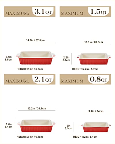 MALACASA Casserole Dishes for Oven, Porcelain Baking Dishes, Ceramic Bakeware Sets of 4, Rectangular Lasagna Pans Deep with Handles for Baking Cake Kitchen, Red (9.4"/11.1"/12.2"/14.7"), Series BAKE.BAKE