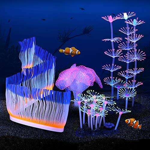 Filhome Glowing Fish Tank Decorations Plants, 4 pcs Glow Aquarium Decoration Plants Kit Glowing Sea Anemone Coral Ornaments