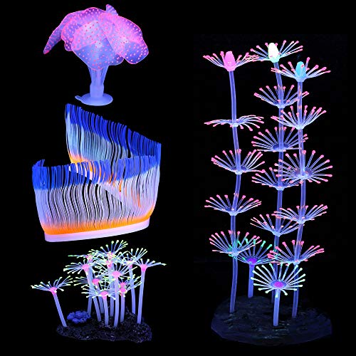 Filhome Glowing Fish Tank Decorations Plants, 4 pcs Glow Aquarium Decoration Plants Kit Glowing Sea Anemone Coral Ornaments