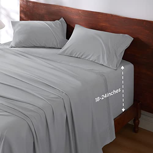 Bedsure Deep Pocket Queen Sheets Set - Fits Mattresses Up to 24" Thick, 4 Piece Air Mattress Sheets with Deep Pocket, Moisture Wicking Soft Cooling Bedding Sheets & Pillowcases, Light Grey