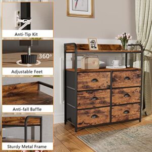 Furologee 6 Drawer Dresser Fabric,Double Shelf,Closet Organizer Storage Tower Unit for Bedroom, Living Room Entryway, Rustic Bins, Sturdy Metal Frame