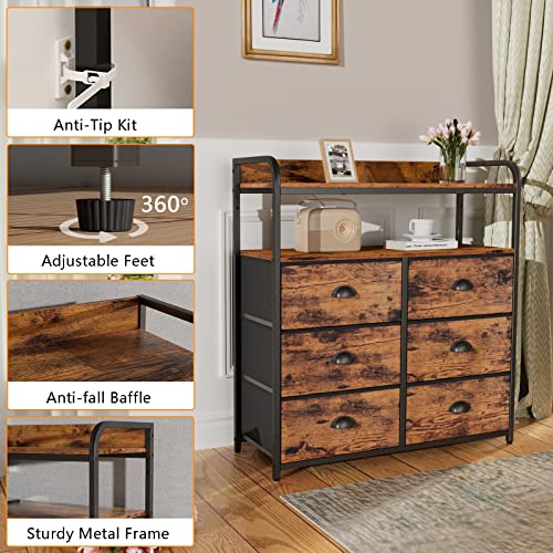 Furologee 6 Drawer Dresser Fabric,Double Shelf,Closet Organizer Storage Tower Unit for Bedroom, Living Room Entryway, Rustic Bins, Sturdy Metal Frame