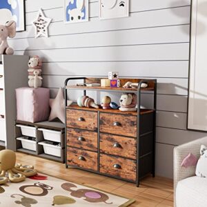 Furologee 6 Drawer Dresser Fabric,Double Shelf,Closet Organizer Storage Tower Unit for Bedroom, Living Room Entryway, Rustic Bins, Sturdy Metal Frame