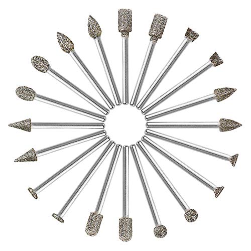 Luo ke 20 Pcs Diamond Burr Set, Stone Carving Sets Diamond Mounted Grinding Bits with 1/8'' Shank for Dremel Rotary Tools (60 Grit)