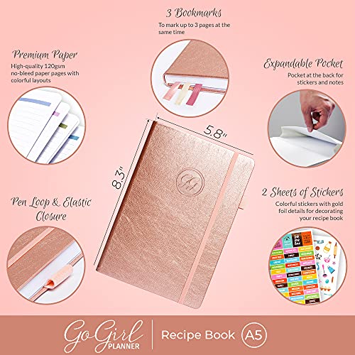 GoGirl Recipe Book – Blank Cookbook to Write In Your Own Recipes – Empty Cooking Journal for Family Recipes – Personalized Recipe Notebook – Hardcover, A5, 58 Recipes In Total - Rose Gold