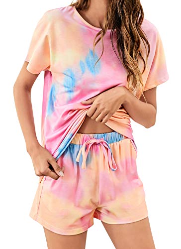 HOCOSIT Womens Tie Dye Printed Pajamas Short Sleeve Tops and Shorts Set Sleepwear 2 Piece Pjs Sets Loungewear Pink