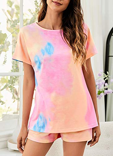 HOCOSIT Womens Tie Dye Printed Pajamas Short Sleeve Tops and Shorts Set Sleepwear 2 Piece Pjs Sets Loungewear Pink