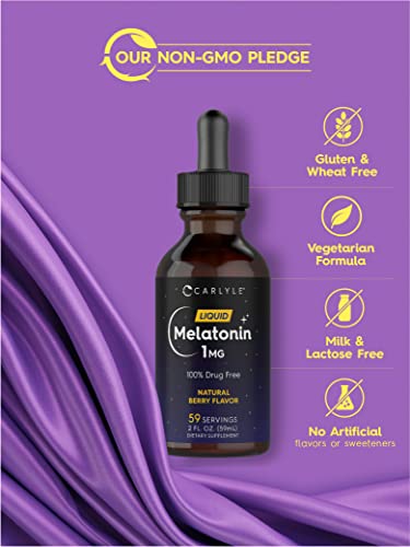 Carlyle Melatonin Liquid 1mg | 4 fl oz Drops | Natural Berry Flavor | Non-GMO, Vegetarian Supplement