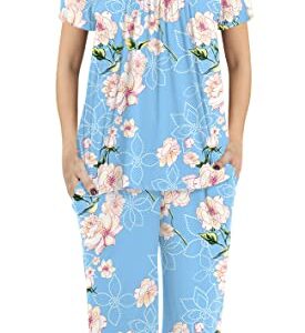 POPYOUNG Women's Pajamas Sets, Summer Short Sleeves Tunic Top with Comfy Capri Pants, Lounge Sleepwear 2 piece Ladies Pjs Sets with Pockets L, Floral Blue