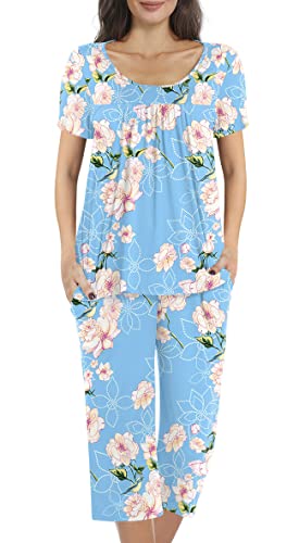 POPYOUNG Women's Pajamas Sets, Summer Short Sleeves Tunic Top with Comfy Capri Pants, Lounge Sleepwear 2 piece Ladies Pjs Sets with Pockets L, Floral Blue