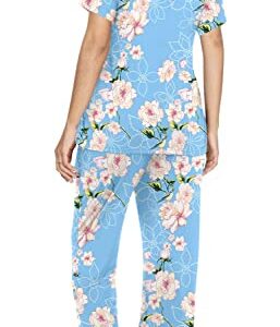 POPYOUNG Women's Pajamas Sets, Summer Short Sleeves Tunic Top with Comfy Capri Pants, Lounge Sleepwear 2 piece Ladies Pjs Sets with Pockets L, Floral Blue