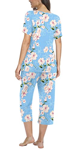 POPYOUNG Women's Pajamas Sets, Summer Short Sleeves Tunic Top with Comfy Capri Pants, Lounge Sleepwear 2 piece Ladies Pjs Sets with Pockets L, Floral Blue