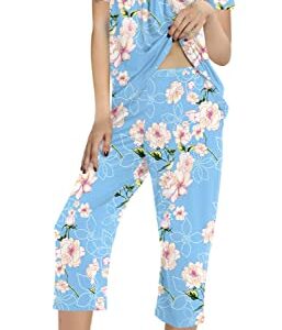 POPYOUNG Women's Pajamas Sets, Summer Short Sleeves Tunic Top with Comfy Capri Pants, Lounge Sleepwear 2 piece Ladies Pjs Sets with Pockets L, Floral Blue