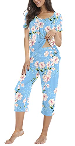 POPYOUNG Women's Pajamas Sets, Summer Short Sleeves Tunic Top with Comfy Capri Pants, Lounge Sleepwear 2 piece Ladies Pjs Sets with Pockets L, Floral Blue